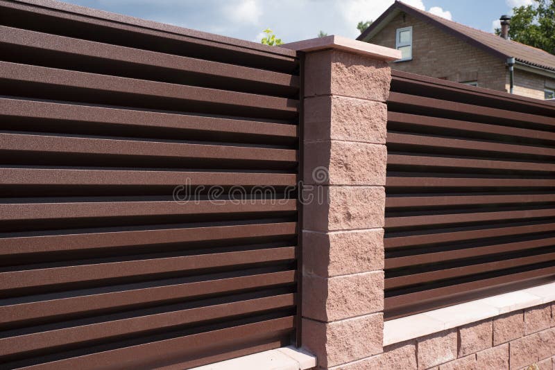 Metal Fence with Brick Columns Stock Image - Image of architecture ...