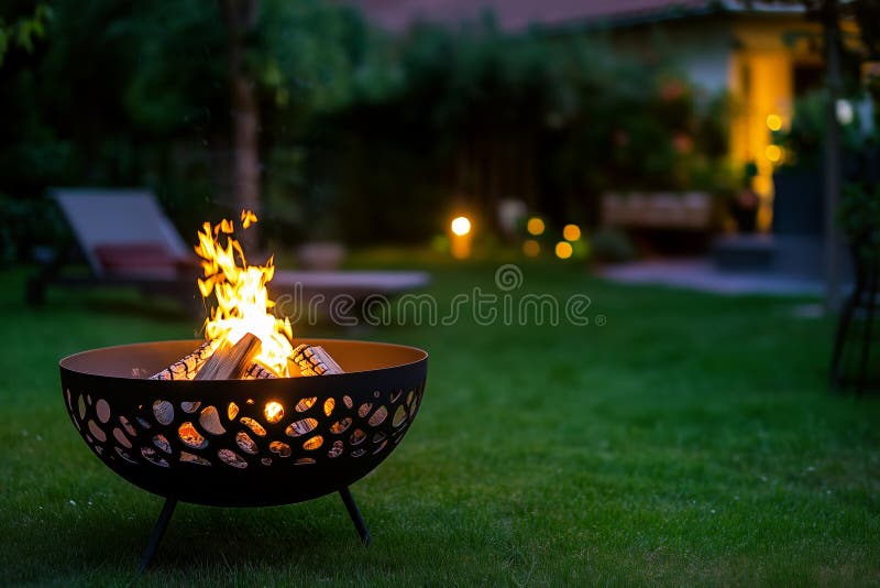 AI Image of Night Scene in the Yard. Metal Fire Bowl with Flames in the ...