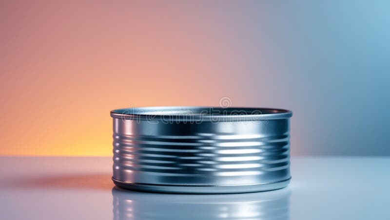 Metal Food Can on Reflective Surface with Orange and Blue Gradient ...