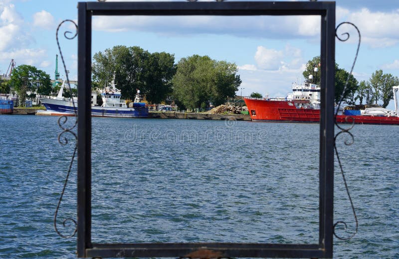 Metal frame in the port stock photo. Image of grey, white - 251596104