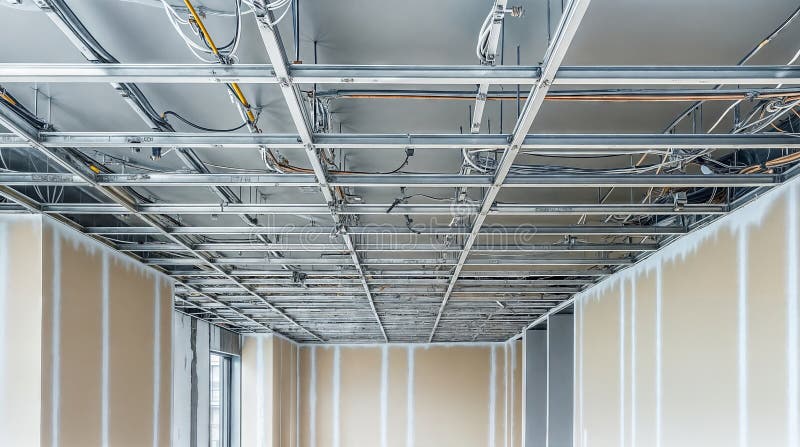 Metal Frame of Suspended Ceiling with Electrical Wires and Pipes ...