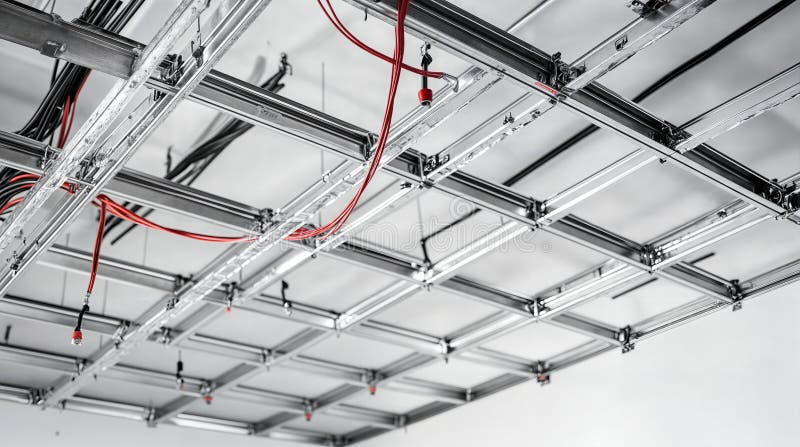 Metal Frame of Suspended Ceiling with Sprinkler System and Cables Stock ...