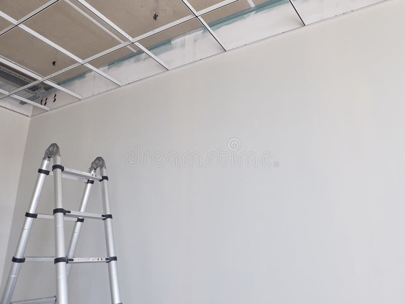 Metal Frame of Suspended Ceilings and Stepladder. Making of False ...