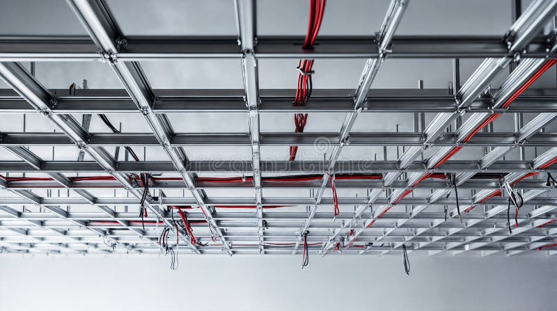 Metal Framework of Suspended Ceiling with Electrical Wiring during ...