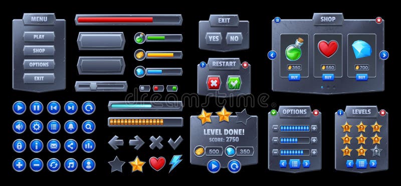 Metal Game Interface, Game Ui Assets and Icons Set Stock Illustration ...