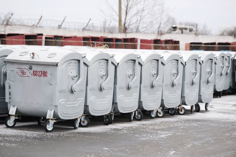 Metal garbage containers. stock image. Image of sidewalk - 70186629