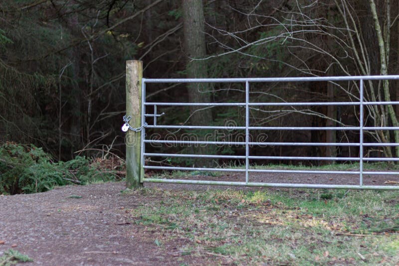Metal Gate and Padlock in the Forest, Tyrebagger Woods Stock Photo ...