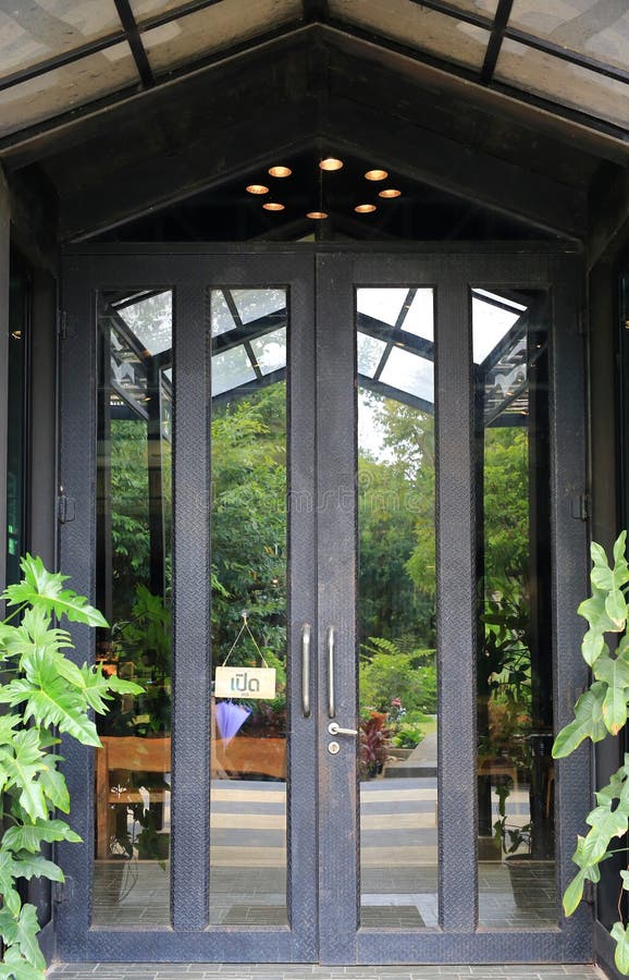 Metal-glass Door Gate with Welcome and Open Thai Text Label at the ...