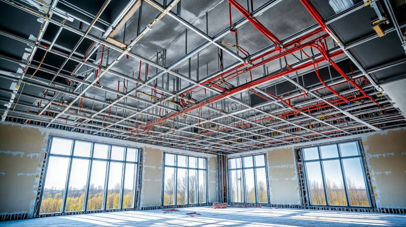 Installing Suspended Ceiling Grid and Sprinkler System in Modern Office ...