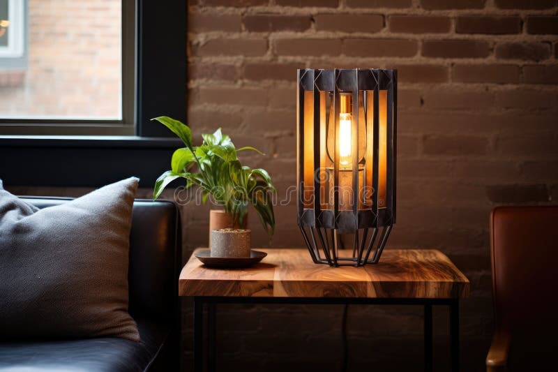 A Metal Hanging Light Fixture Over a Wooden Side Table Stock Photo ...