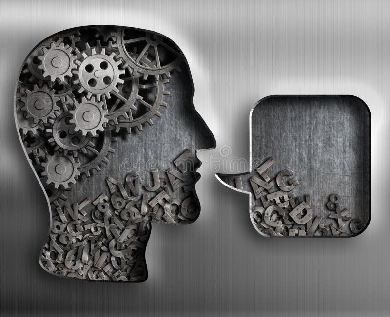Metal Head with Brain Gears and Speech Bubble Stock Illustration ...