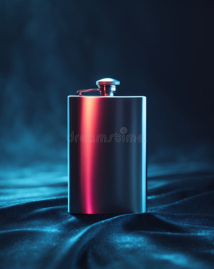 Metal Hip Flask Still Life with Neon Lights and Dark Background Stock ...