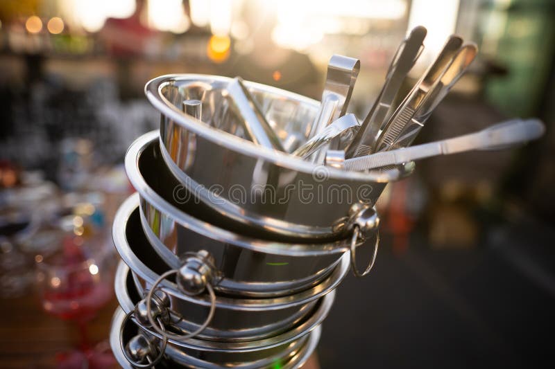 Metal Ice Bucket on Bar Counter with Ice Scoop Tool Stock Image - Image ...