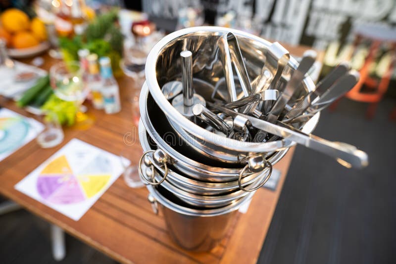 Metal Ice Bucket on Bar Counter with Ice Scoop Tool Stock Photo - Image ...