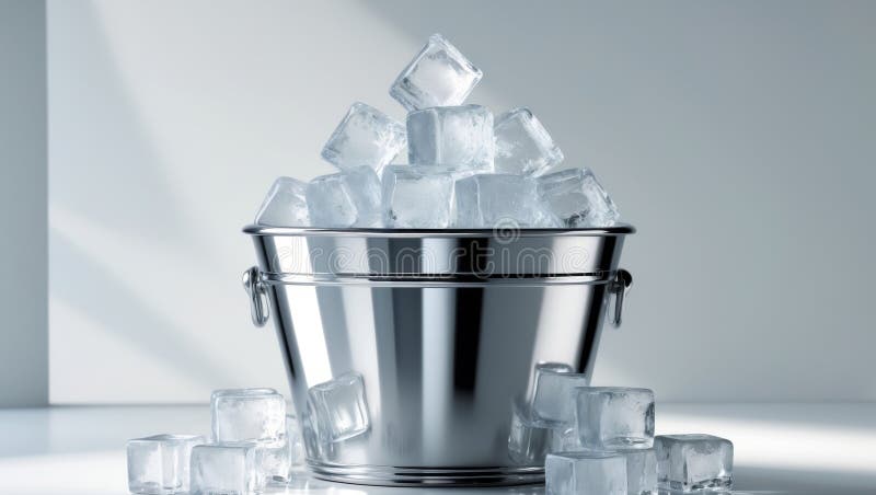 Metal Ice Bucket Overflowing with Ice Cubes on Reflective Surface Stock ...