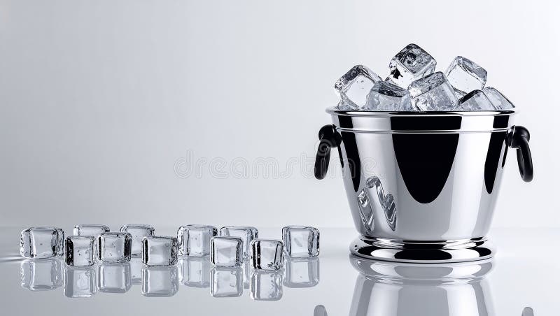 Metal Ice Bucket Overflowing with Ice Cubes on Reflective Surface Stock ...