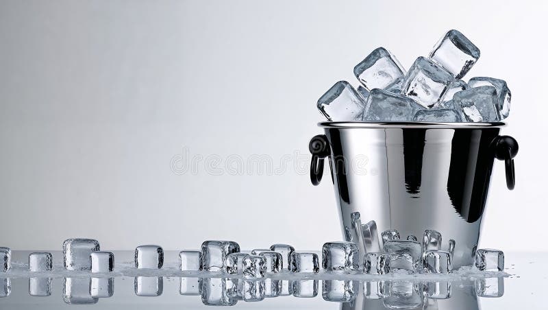 Metal Ice Bucket Overflowing with Ice Cubes on Reflective Surface Stock ...