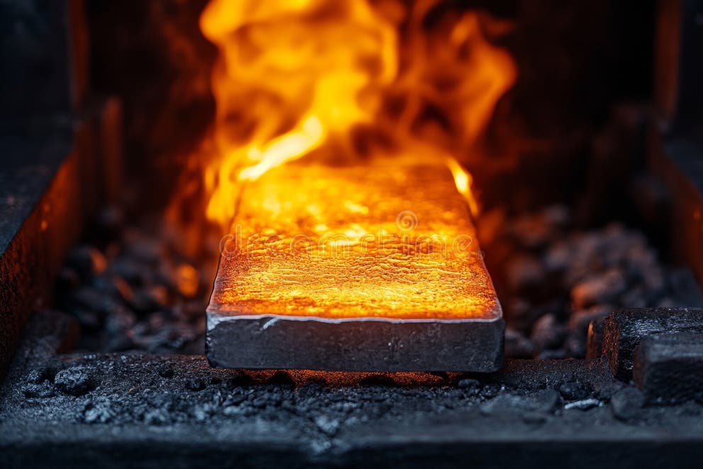 Metal Ingot Heating in the Flames of a Blacksmith S Forge, Ready for ...