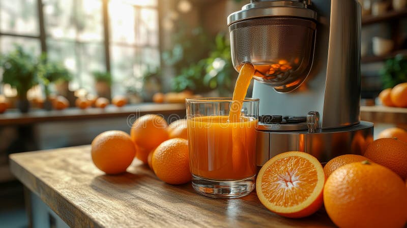 A Metal Juicer Stands on the Kitchen Table, Orange Juice in a Glass ...