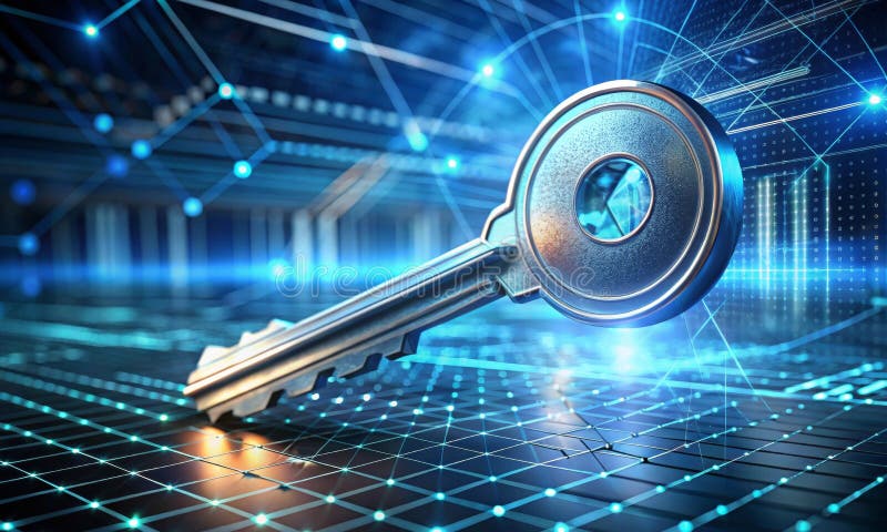 Metal Key on an Abstract Background of Flickering Lines of Virtual ...