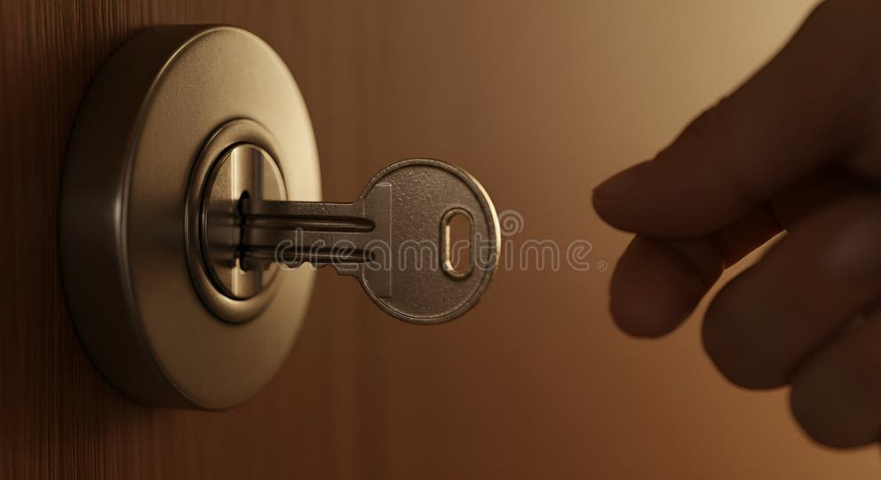 A Metal Key Inserted into a Modern Door Lock, Sharp Focus on the Key ...