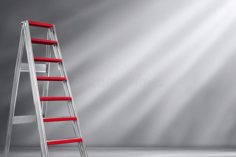 Metal Ladder with Red Steps Illuminated by Bright Light in a Gray ...