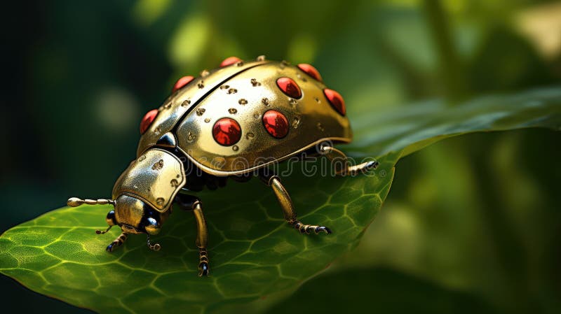 Metal Ladybug Resting Gracefully on a Vibrant Green Leaf, Adding a ...