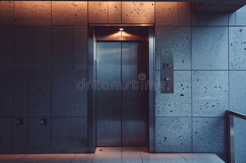 Metal Lift in Modern Grey Building with Copy Space Stock Illustration ...
