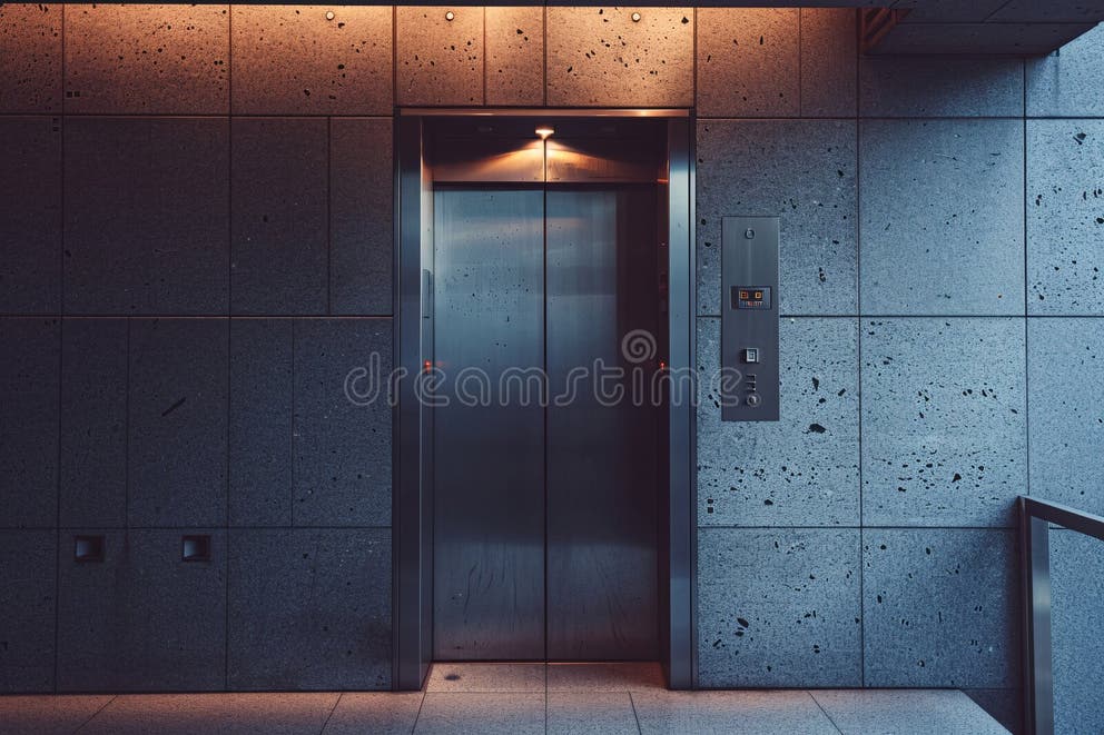 Metal Lift in Modern Grey Building with Copy Space Stock Illustration ...