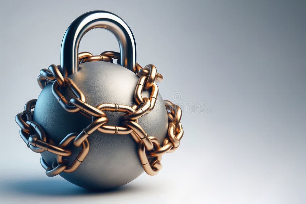 A Metal Lock Entangled in Gold Chains. Space for Text. Stock Photo - Image of closure ...