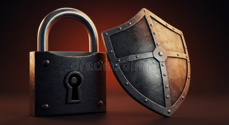 Metal Lock and Shield on Dark Background Stock Illustration ...