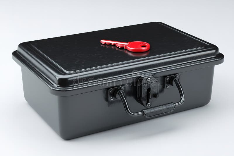 Metal Lockbox with a Red Key on Top, Suitable for Securing Valuables or ...