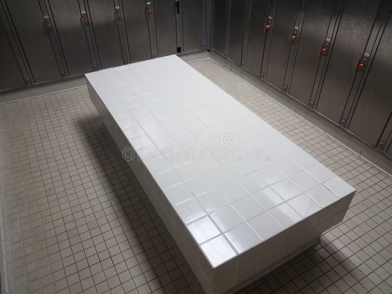 Metal Lockers and White Tile Bench and Floors Stock Photo - Image of ...