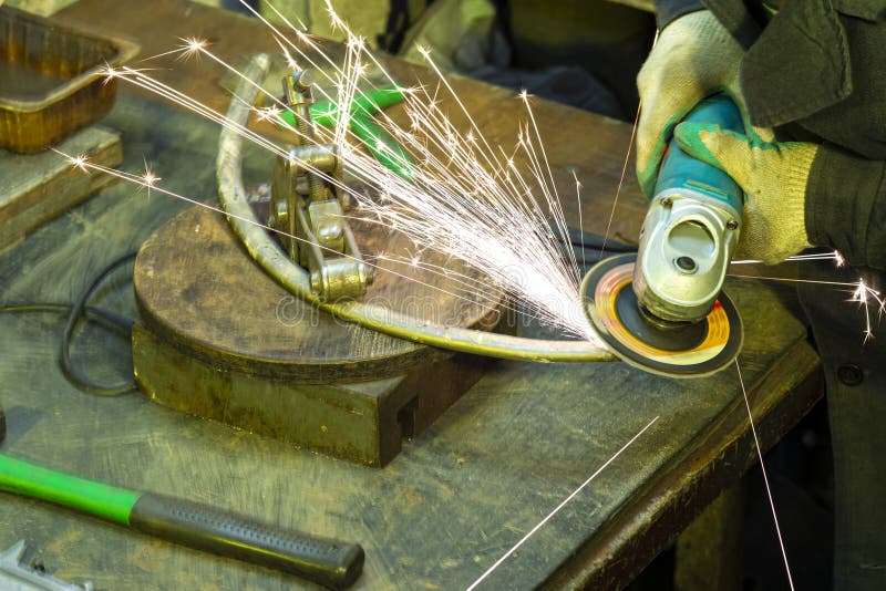 Metal Machining Concepts. Hands of Professional Fitter in Protective ...