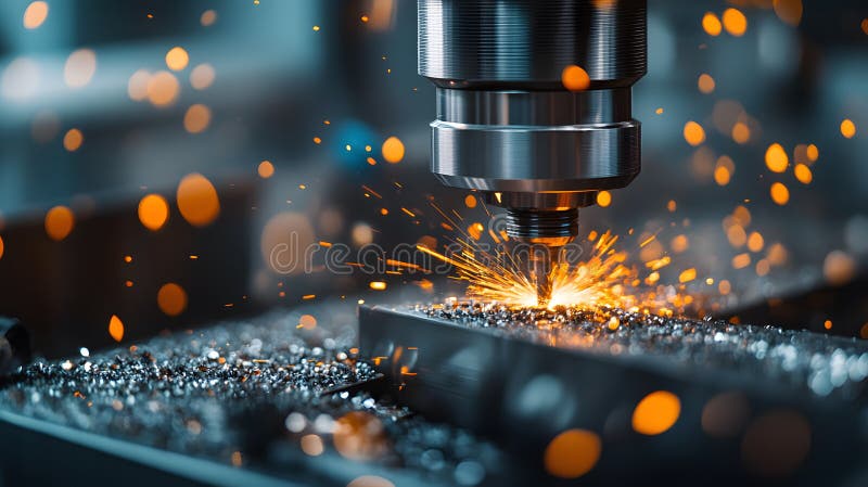 Metal Machining Process Shows CNC Mill Cutting with Flying Sparks ...