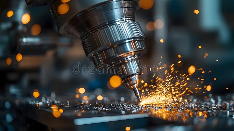 Metal Machining Process Shows CNC Mill Cutting with Flying Sparks ...