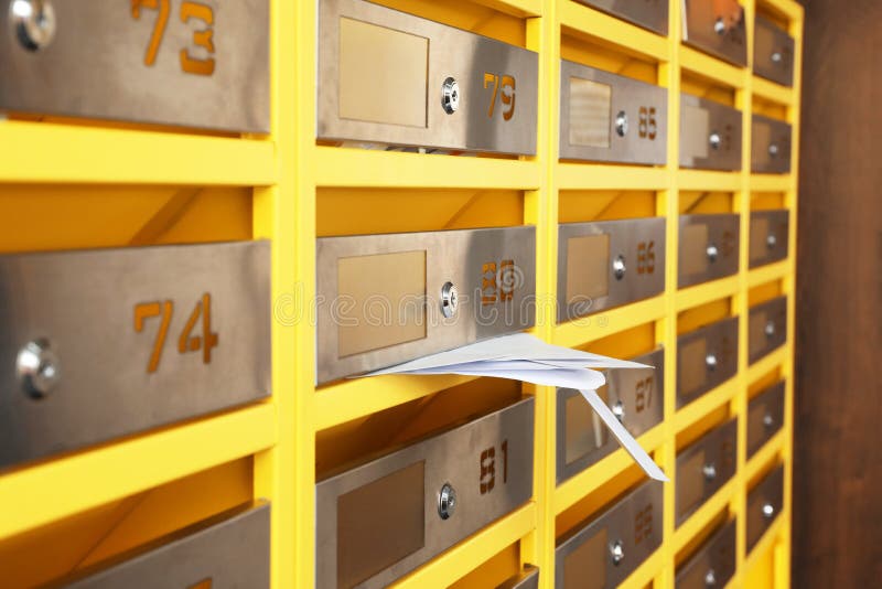 Metal Mailboxes with Receipts from Post Office Indoors, Closeup Stock ...