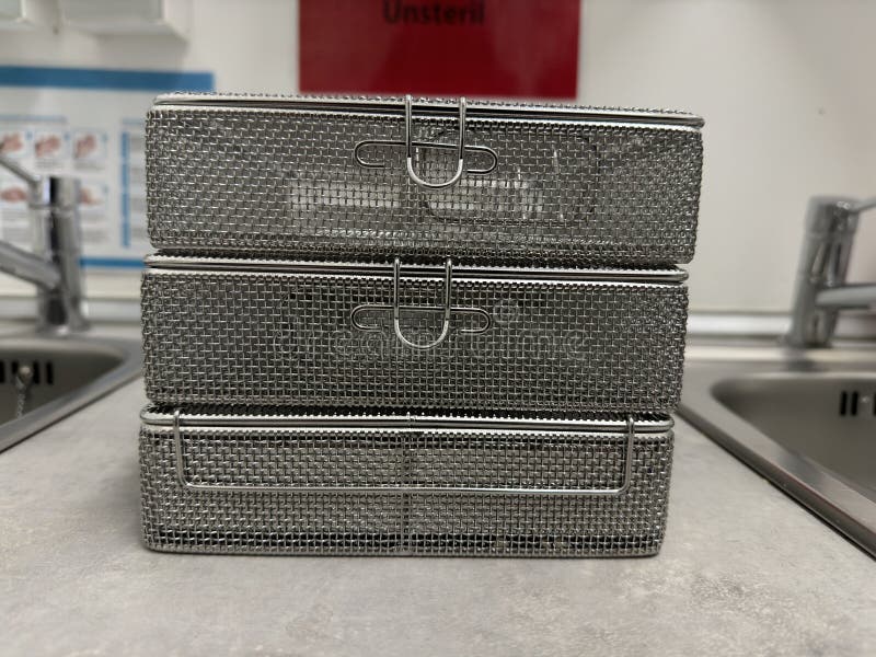 Metal Mesh Sterilization Trays in Medical Setting Stock Photo - Image ...