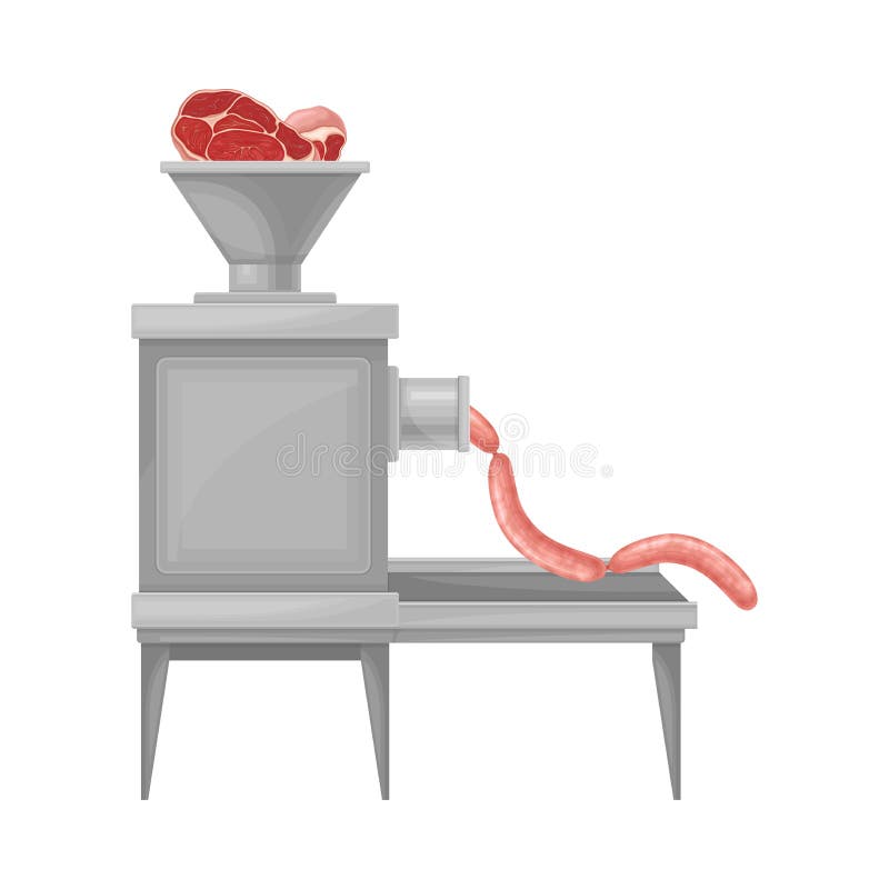 Metal Mincing Machine with Beef Meat Molding into Sausage Vector ...
