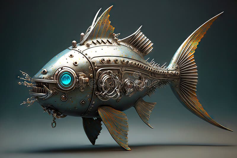 Metal Monster in Form of Steel Mechanical Fish Standing on Table Stock ...