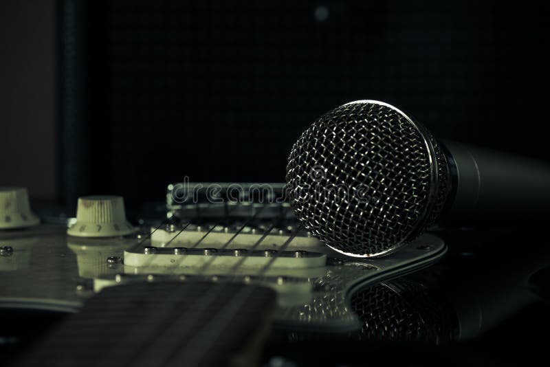 Metal Musical Microphone and Electric Guitar Stock Image - Image of ...