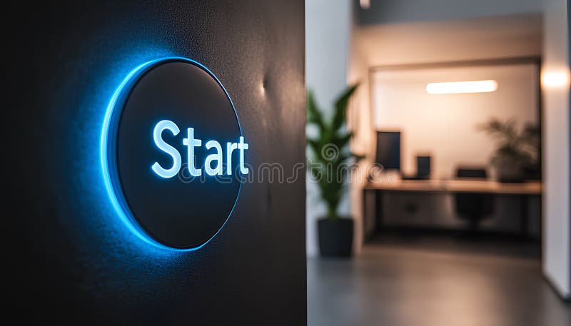 Metal with Neon Start Button Text Start on the Wall in the Office Stock ...