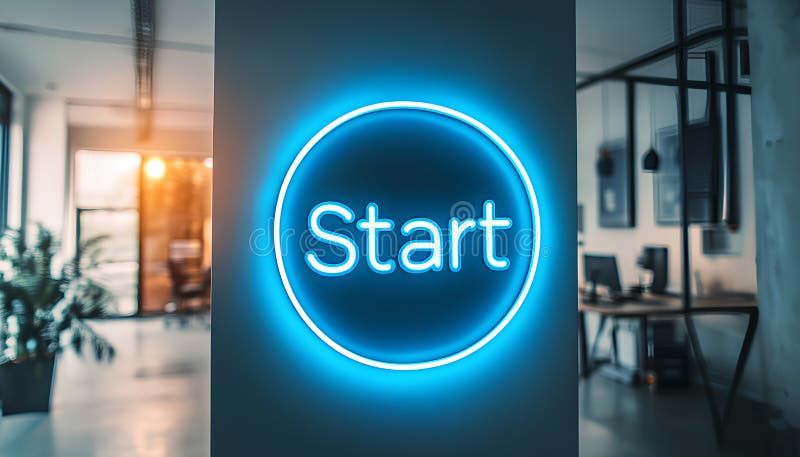 Metal with Neon Start Button Text Start on the Wall in the Office Stock ...