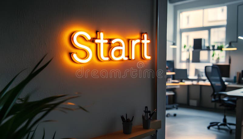 Metal with Neon Start Button Text Start on the Wall in the Office Stock ...