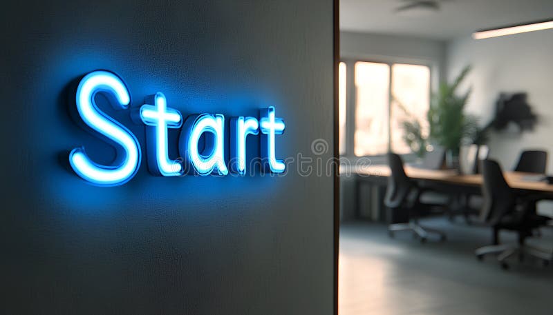 Metal with Neon Start Button Text Start on the Wall in the Office Stock ...