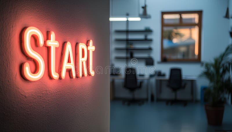 Metal with Neon Start Button Text Start on the Wall in the Office Stock ...