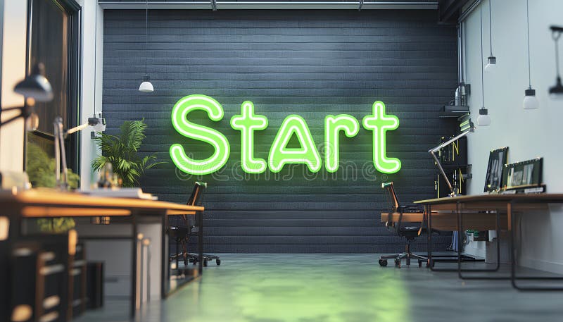 Metal with Neon Start Button Text Start on the Wall in the Office Stock ...