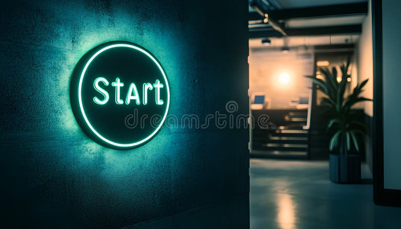 Metal with Neon Start Button Text Start on the Wall in the Office Stock ...