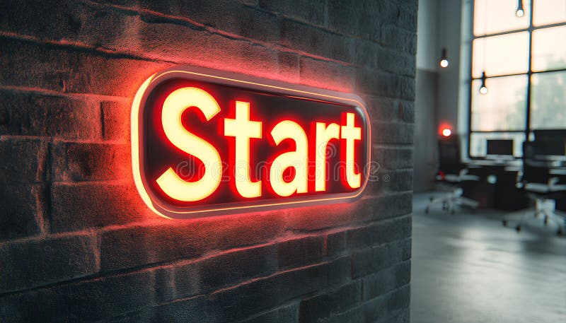 Metal with Neon Start Button Text Start on the Wall in the Office Stock ...
