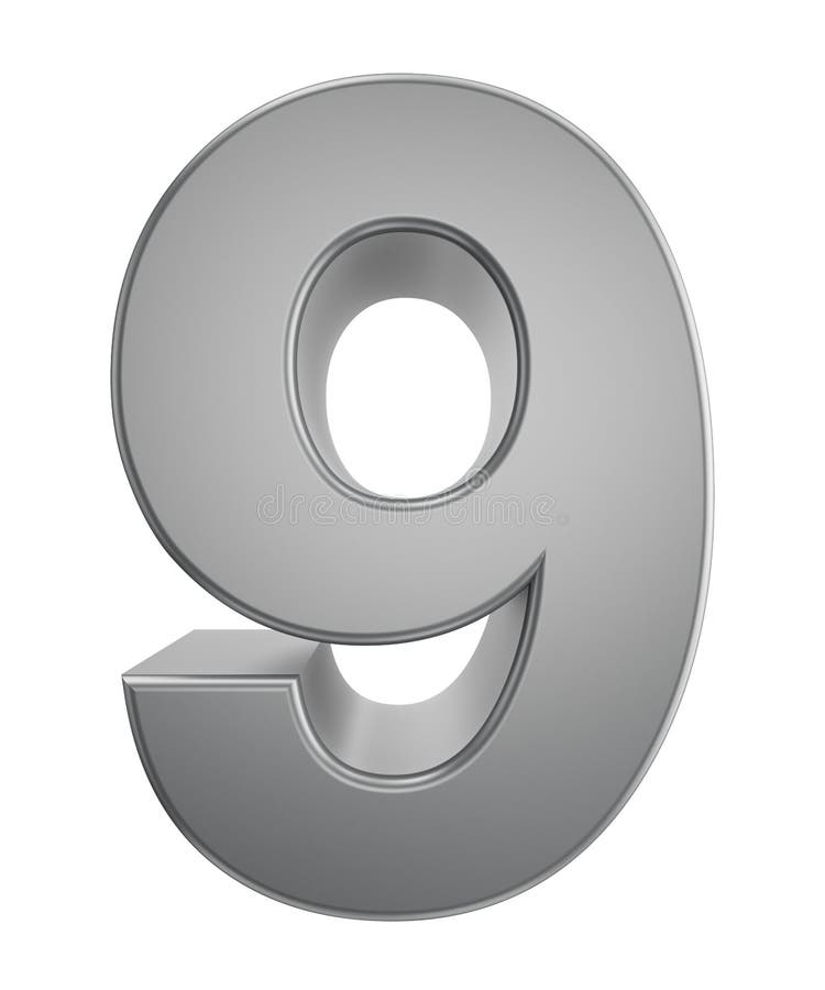 Metal Numbers 9 Isolated on White Background, 3d Rendering Stock ...